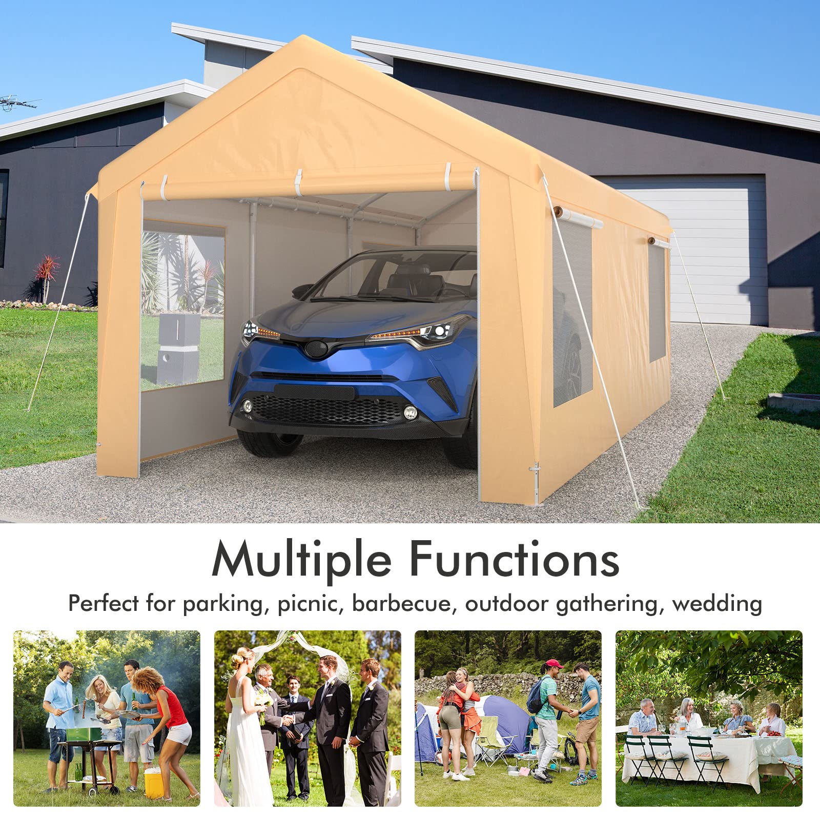 GYMAX Carport, 10x20ft Portable Garage with Roll-up Window, Removable Sidewall & Doors, Heavy Duty Metal Car Canopy for Truck, Boat, Automobiles, All Season Tent Shelter