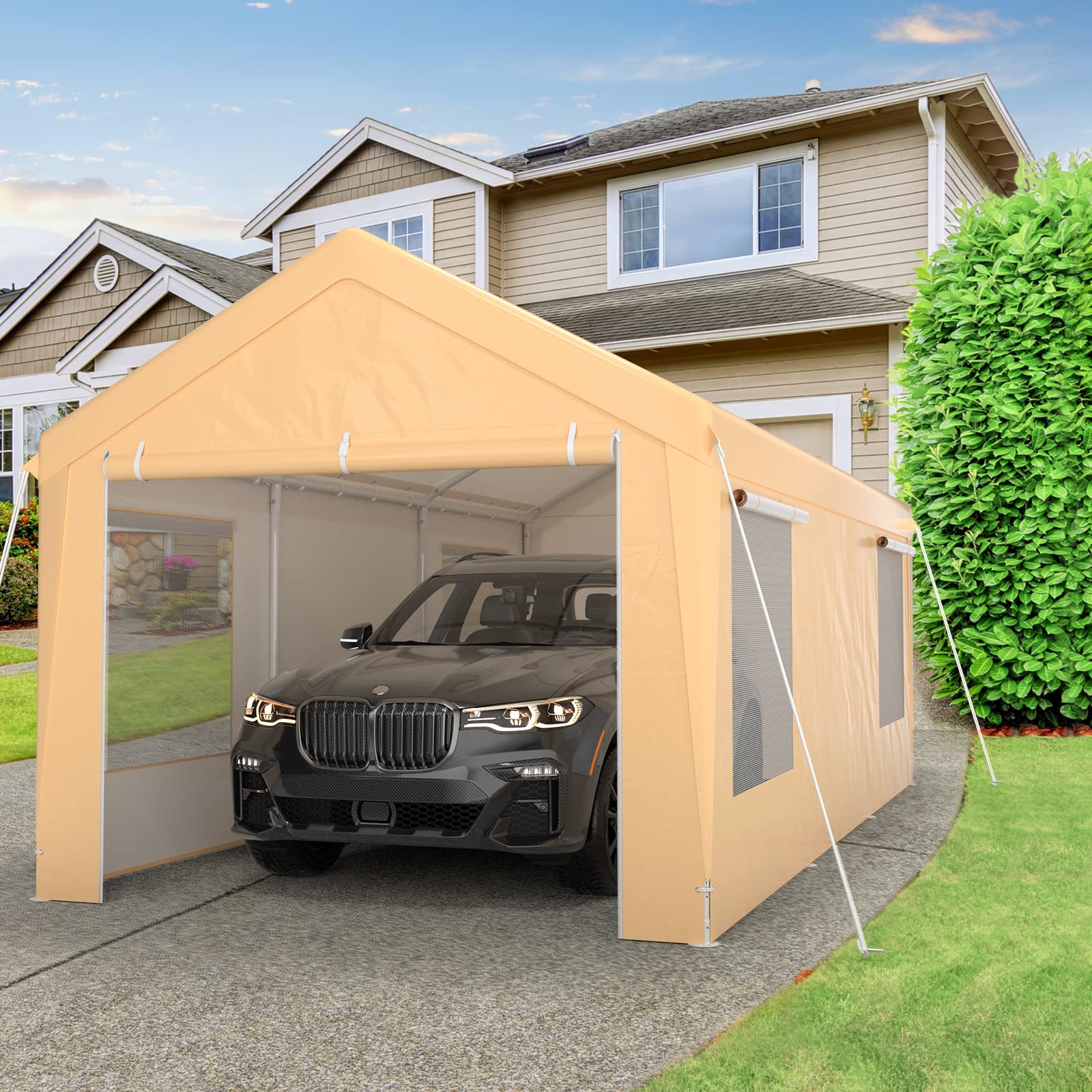 GYMAX Carport, 10x20ft Portable Garage with Roll-up Window, Removable Sidewall & Doors, Heavy Duty Metal Car Canopy for Truck, Boat, Automobiles, All Season Tent Shelter