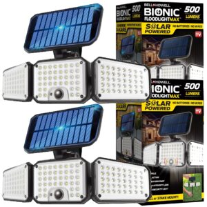 bionic flood light max 2 pk, 500 lumen super bright solar motion sensor outdoor lights, led solar flood lights outdoor motion sensor waterproof solar security lights, 360° 3 panel design as seen on tv