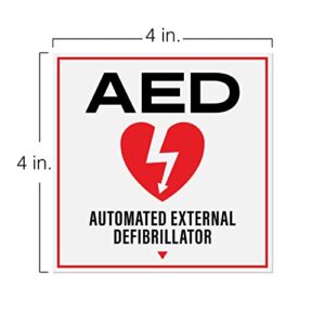 AED Stickers 4-Pack | Automated External Defibrillator Red and White Signs, Durable Self Adhesive Weatherproof Vinyl Decals, 4" x 4"