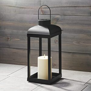 outdoor candle lantern, solar powered - 15 inch tall, black metal, open frame (no glass), dusk to dawn timer, decorative large led lantern lights for front porch, garden or patio decor