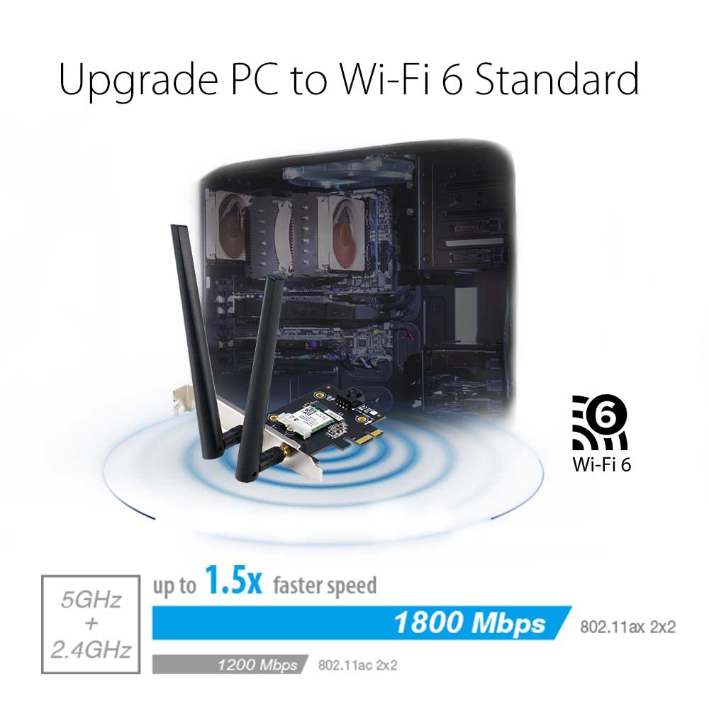 ASUS AX1800 PCIe WiFi Adapter (PCE-AX1800) - WiFi 6, Bluetooth 5.2, Ultra-Low Latency Wireless, 2 External Antenna, Supporting Total Data Rate up to 1800Mbps, WPA3 Network Security, OFDMA and MU-MIMO