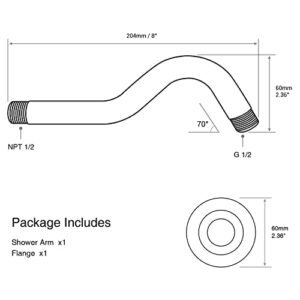 8 Inch S-Shape Curved Shower Arm with Flange Stainless Steel Shower Head Extension Replacement Pipe Arm,Wall Mounted,Chrome