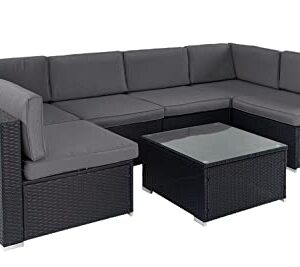 SUNCROWN 7-Piece Outdoor Patio Furniture Sofa Set All-Weather Wicker Sectional Conversation Set with Modern Glass Coffee Table and Cushions (Grey)