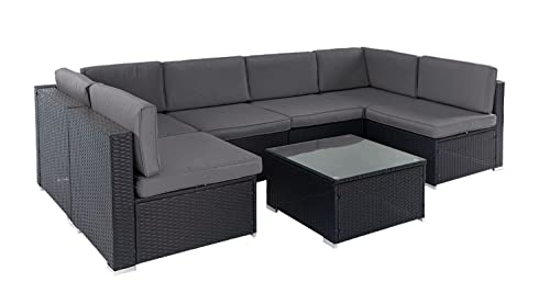 SUNCROWN 7-Piece Outdoor Patio Furniture Sofa Set All-Weather Wicker Sectional Conversation Set with Modern Glass Coffee Table and Cushions (Grey)