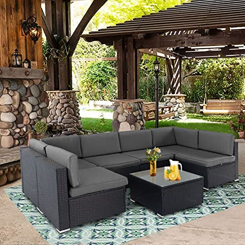 SUNCROWN 7-Piece Outdoor Patio Furniture Sofa Set All-Weather Wicker Sectional Conversation Set with Modern Glass Coffee Table and Cushions (Grey)