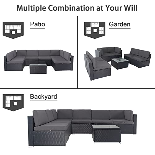 SUNCROWN 7-Piece Outdoor Patio Furniture Sofa Set All-Weather Wicker Sectional Conversation Set with Modern Glass Coffee Table and Cushions (Grey)