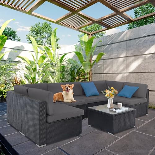 SUNCROWN 7-Piece Outdoor Patio Furniture Sofa Set All-Weather Wicker Sectional Conversation Set with Modern Glass Coffee Table and Cushions (Grey)