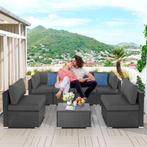 SUNCROWN 7-Piece Outdoor Patio Furniture Sofa Set All-Weather Wicker Sectional Conversation Set with Modern Glass Coffee Table and Cushions (Grey)