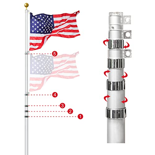 Elevens Telescopic Flag Pole Kit Outdoor In Ground Flagpole Garden Flag Pole Holder Heavy Duty Aluminum Telescopic Flagpole for Residential or Commercial,20ft