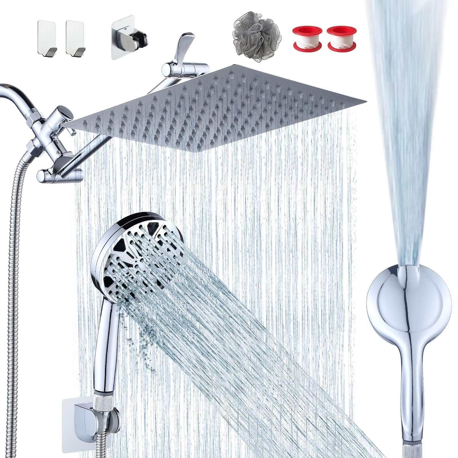 Razime 10'' Rainfall Shower Head with Handheld Combo, Chrome Finish, 8+2 Mode, 11'' Adjustable Extension Arm, 100 Self-Cleaning Nozzles, Modern Style, Chrome