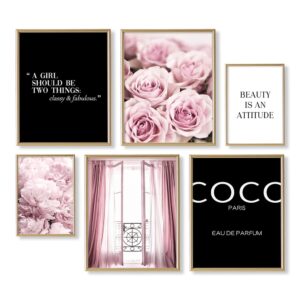 motivational quotes wall art - glam pink designer pictures wall decor - positive quotes for women, teen girl bedroom, bathroom - pink rose peony posters for vanity powder room - paris coco fashion art