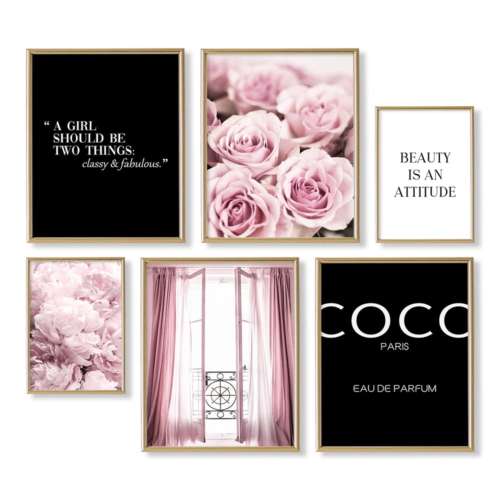 Motivational Quotes Wall Art - Glam Pink Designer Pictures Wall Decor - Positive Quotes for Women, Teen Girl Bedroom, Bathroom - Pink Rose Peony Posters for Vanity Powder Room - Paris Coco Fashion Art