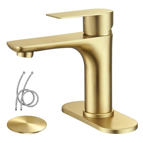 TONNY Brushed Gold Bathroom Faucet, Single Handle Gold Faucet for Bathroom Sink, Vanity Sink Faucet Bathroom 1 Hole with Pop Up Drain and Water Supply Hoses