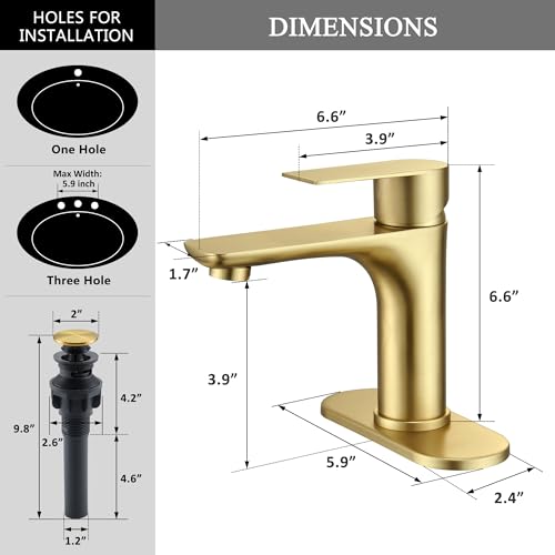 TONNY Brushed Gold Bathroom Faucet, Single Handle Gold Faucet for Bathroom Sink, Vanity Sink Faucet Bathroom 1 Hole with Pop Up Drain and Water Supply Hoses