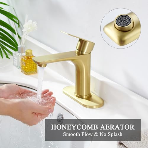 TONNY Brushed Gold Bathroom Faucet, Single Handle Gold Faucet for Bathroom Sink, Vanity Sink Faucet Bathroom 1 Hole with Pop Up Drain and Water Supply Hoses