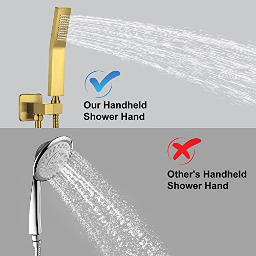 NERDON Shower System, 12 Inch Brushed Gold High Pressure Shower Head with Rain Handheld Combo Set, Ceiling Mounted Dual Shower Head System, Bathroom Shower Faucet Set Rough-in Valve Body and Trim