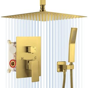 nerdon shower system, 12 inch brushed gold high pressure shower head with rain handheld combo set, ceiling mounted dual shower head system, bathroom shower faucet set rough-in valve body and trim