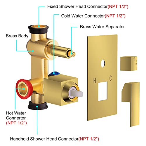 NERDON Shower System, 12 Inch Brushed Gold High Pressure Shower Head with Rain Handheld Combo Set, Ceiling Mounted Dual Shower Head System, Bathroom Shower Faucet Set Rough-in Valve Body and Trim