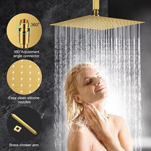 NERDON Shower System, 12 Inch Brushed Gold High Pressure Shower Head with Rain Handheld Combo Set, Ceiling Mounted Dual Shower Head System, Bathroom Shower Faucet Set Rough-in Valve Body and Trim