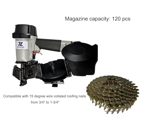 Zeluga 10-145 Pneumatic 15 Degree Coil Roofing Nailer with 120 PCS Load Capacity Coil Nailer Kit with Eye Protection and Repair Kit