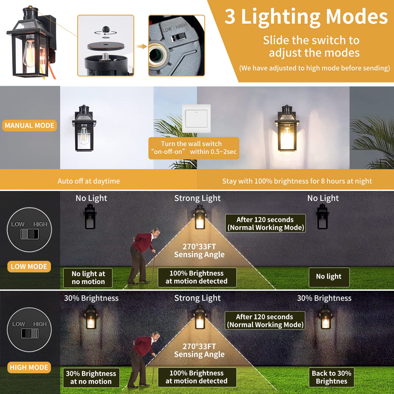 Porch Lights with GFCI Outlet, Dusk to Dawn Motion Sensor Outdoor Lights, 3 Lighting Modes Exterior Light Fixture, Outside Lights for House Front Door Patio Garage