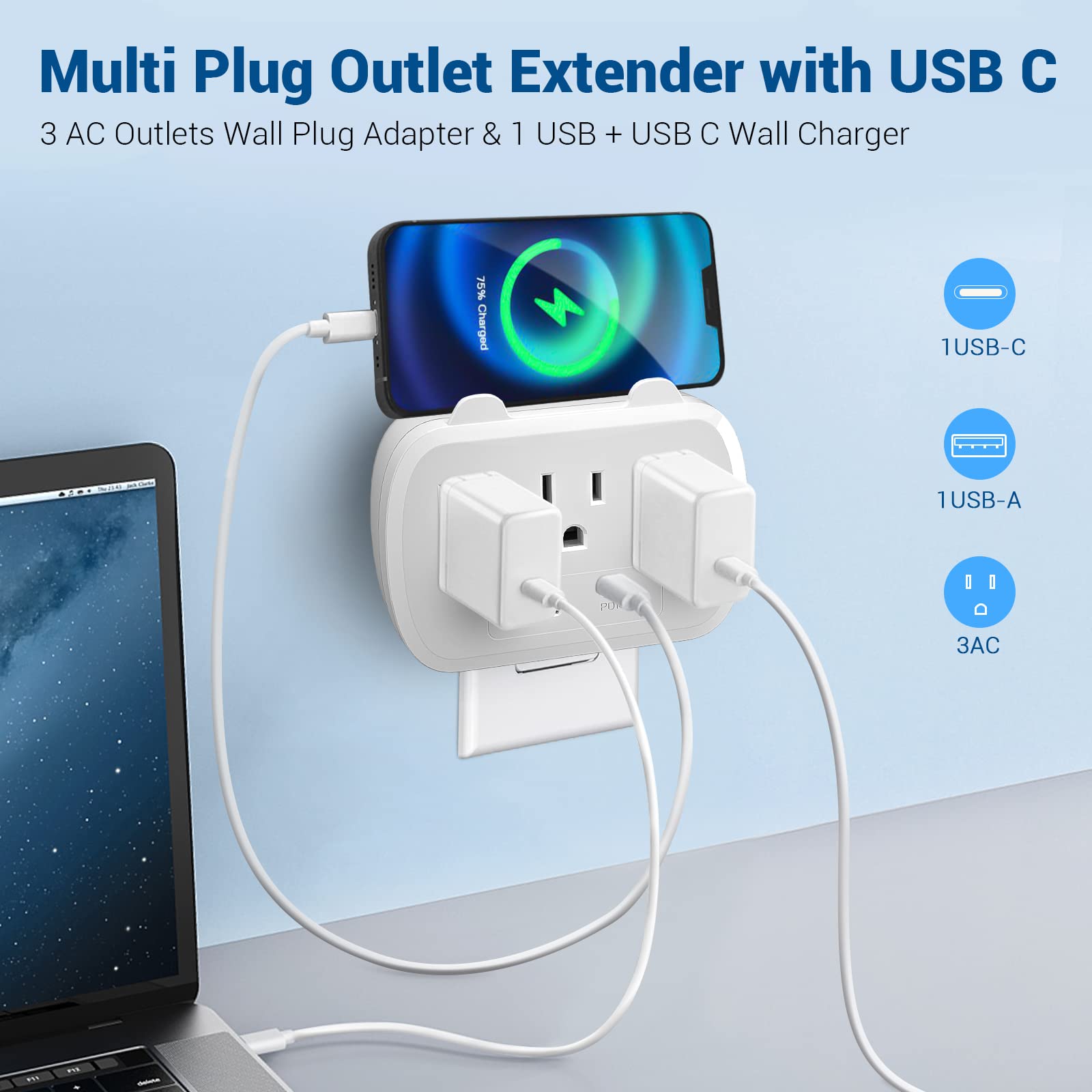 Outlet Extender with USB C, Multi Plug Outlet Adapter with 3 AC Outlets 1 USB & 1 USB-C, Outlets Splitter 1875W, Wall Mount Outlet Extender for Home, Office, Hotel, Travel, Dorm Room-White (1 Pack)