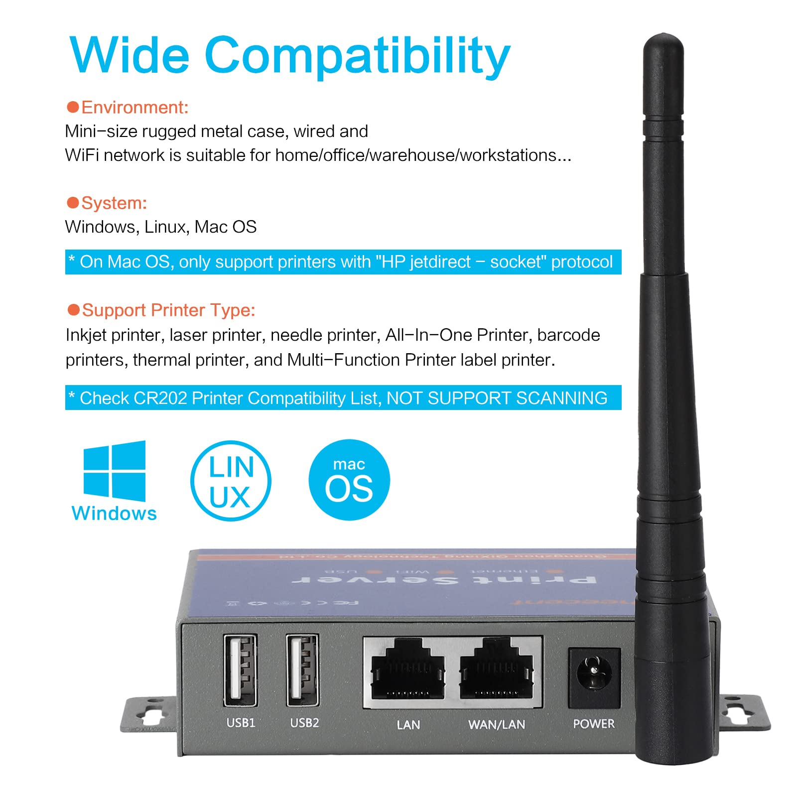 Wireless Print Server (NOT Plug&Play), 2 Port USB Print Server, Computer Networking Print Servers - Convert USB Printer To Wireless WiFi Ethernet Networking - Windows Mac Linux Compliant - CR202