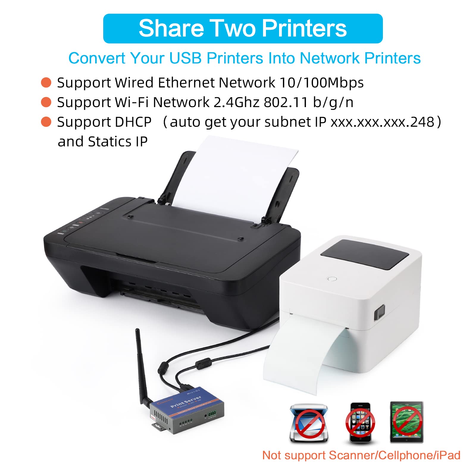 Wireless Print Server (NOT Plug&Play), 2 Port USB Print Server, Computer Networking Print Servers - Convert USB Printer To Wireless WiFi Ethernet Networking - Windows Mac Linux Compliant - CR202