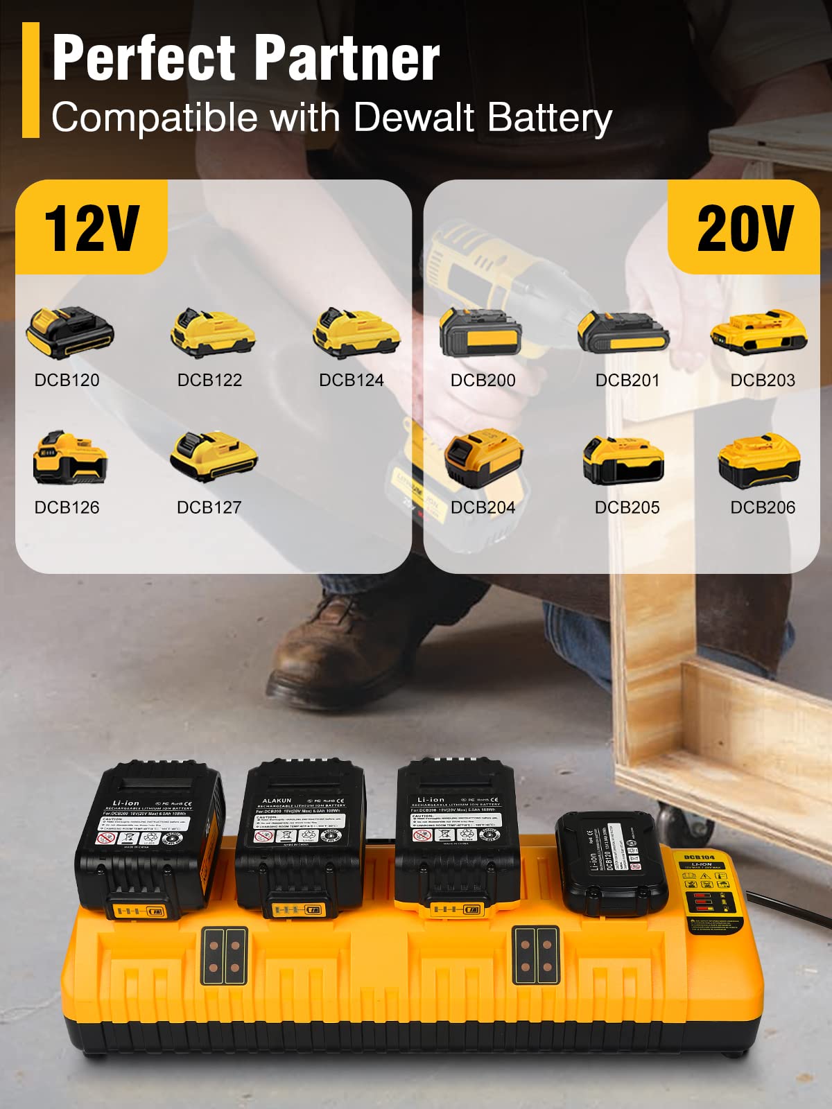 COOMYXIN DCB104 Replacement Charger Station for Dewalt 20V Batteries - 4-Port Multi Battery Charger with 2 USB Ports - Compatible with Dewalt 12V 20V Power Tools (No Batteries Included)