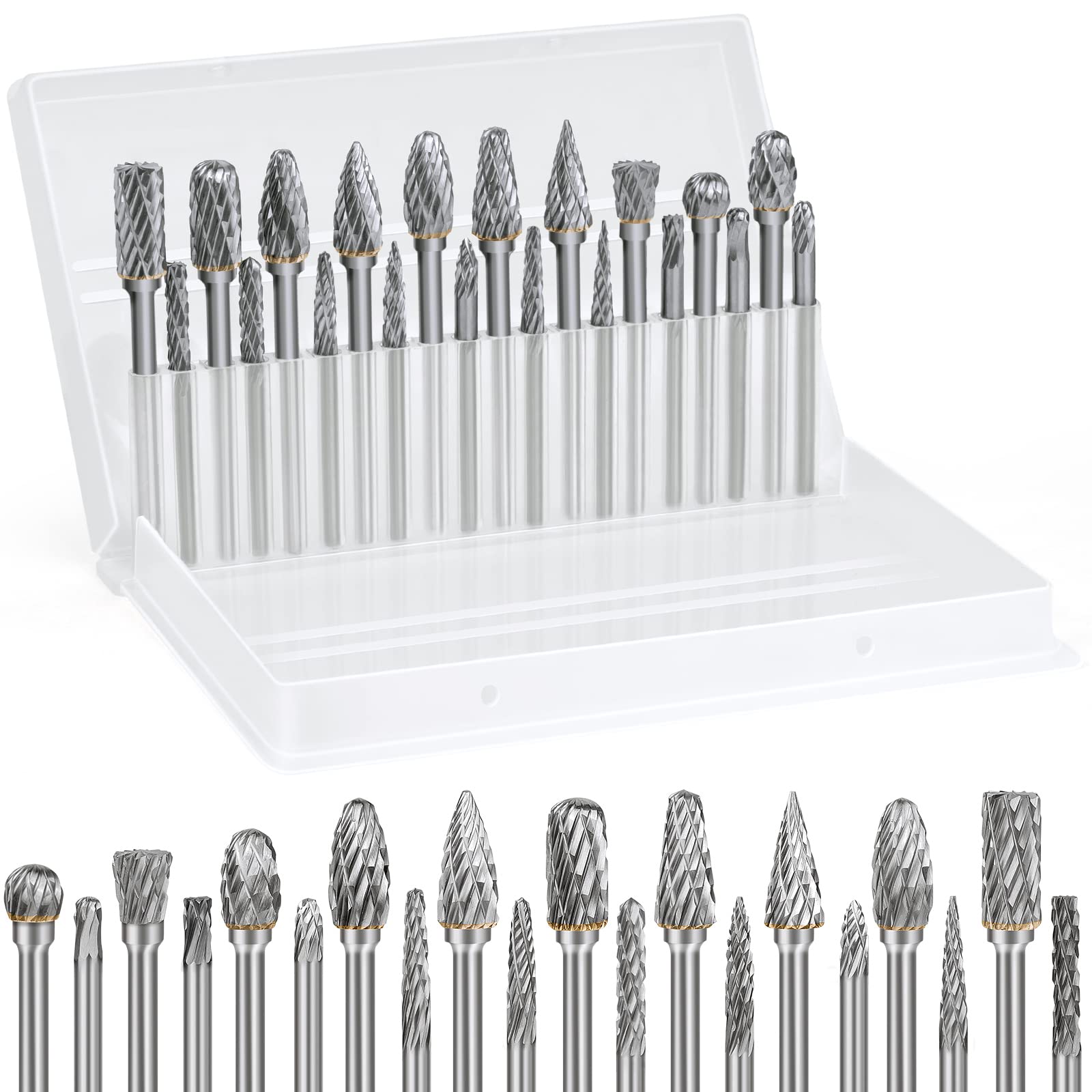 THEKBS Carbide Burr Set Die Grinder Bits Rotary Tool Bits 1/8" Shank 20 Pcs Double Cut Compatible with Dremel for Wood Carving Metal Working Polishing Engraving Drilling