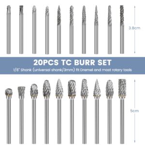 THEKBS Carbide Burr Set Die Grinder Bits Rotary Tool Bits 1/8" Shank 20 Pcs Double Cut Compatible with Dremel for Wood Carving Metal Working Polishing Engraving Drilling