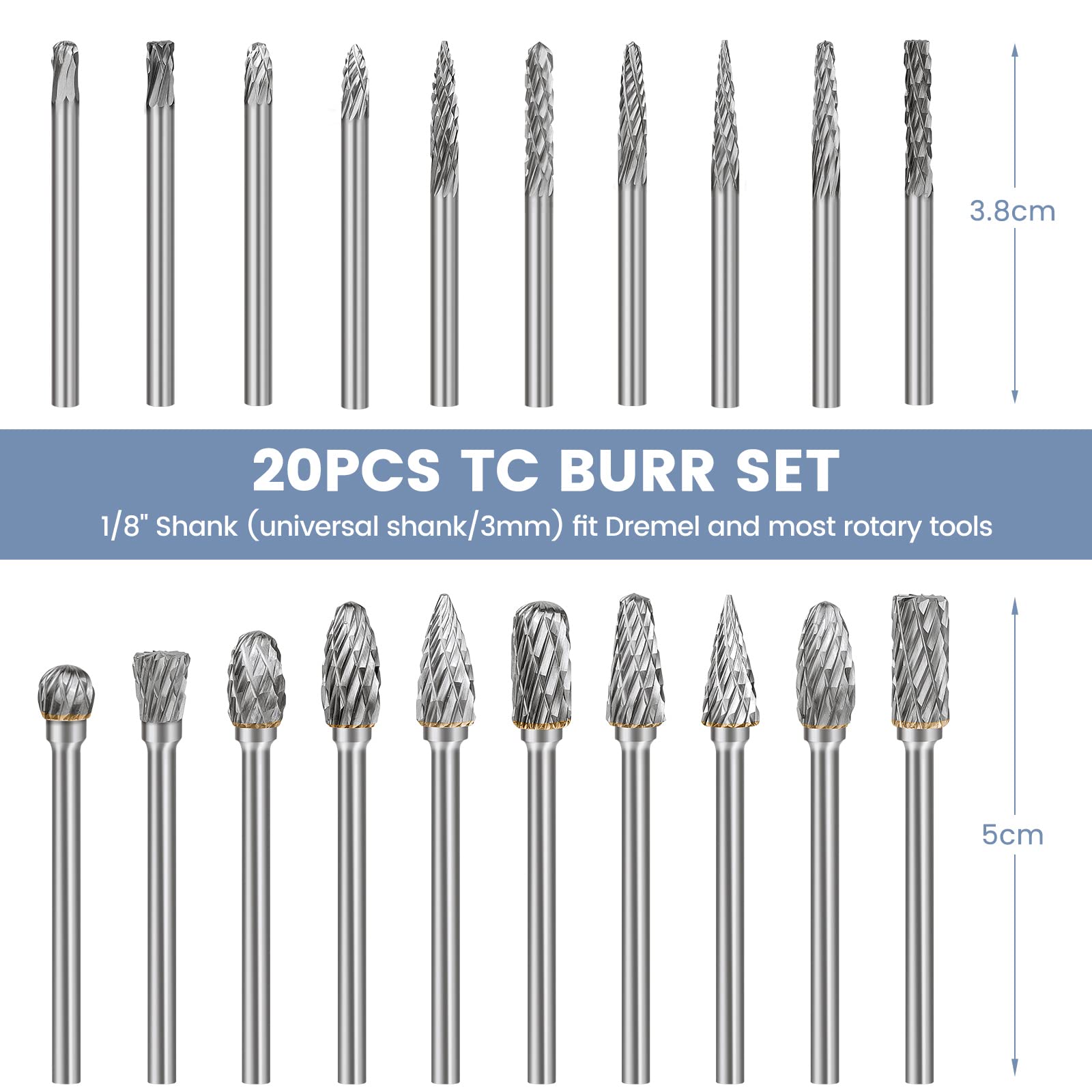 THEKBS Carbide Burr Set Die Grinder Bits Rotary Tool Bits 1/8" Shank 20 Pcs Double Cut Compatible with Dremel for Wood Carving Metal Working Polishing Engraving Drilling