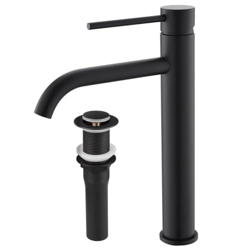 Bathroom Vessel Sink Faucet Matte Black Single Hole Tall Faucet with Long Spout, Include Pop up Sink Drain Stopper