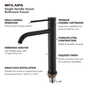 Bathroom Vessel Sink Faucet Matte Black Single Hole Tall Faucet with Long Spout, Include Pop up Sink Drain Stopper