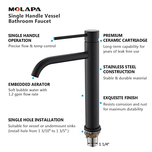 Bathroom Vessel Sink Faucet Matte Black Single Hole Tall Faucet with Long Spout, Include Pop up Sink Drain Stopper