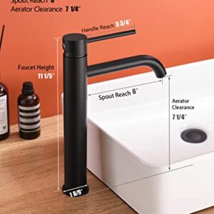 Bathroom Vessel Sink Faucet Matte Black Single Hole Tall Faucet with Long Spout, Include Pop up Sink Drain Stopper