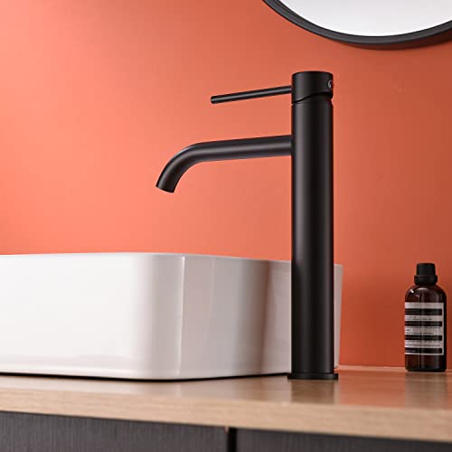 Bathroom Vessel Sink Faucet Matte Black Single Hole Tall Faucet with Long Spout, Include Pop up Sink Drain Stopper