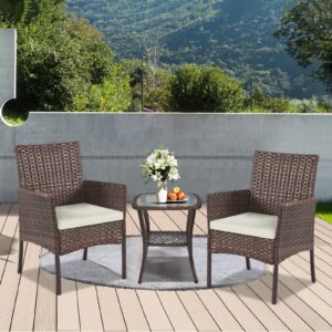 YIYAN 3 Pieces Outdoor Furniture Set Patio Rattan Wicker Chairs,Lawn Garden Balcony Backyard,with Washable Cushion (White)