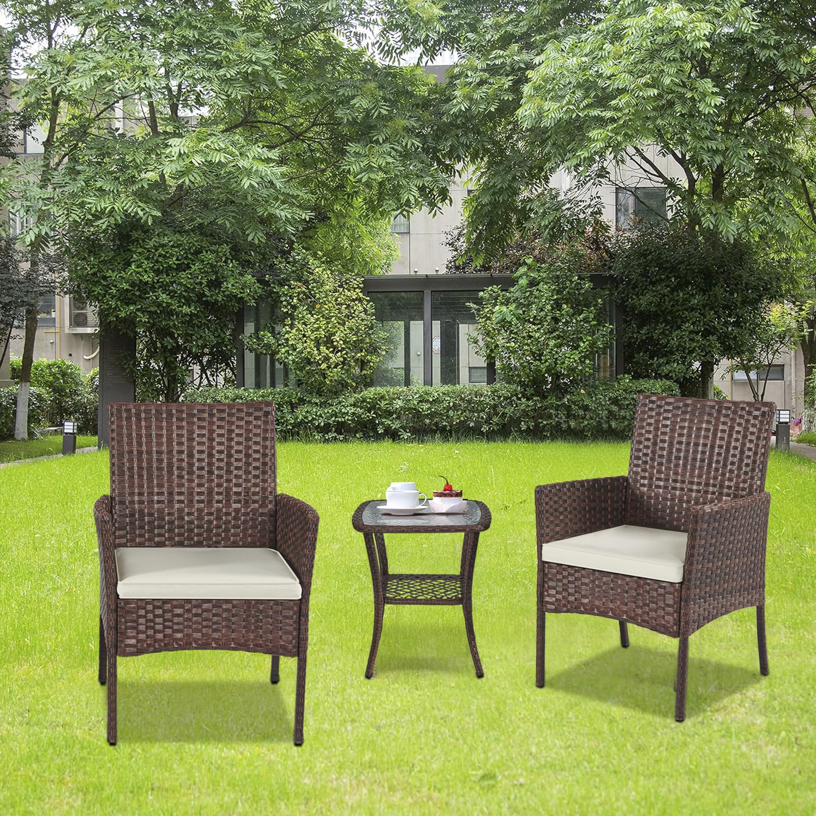 YIYAN 3 Pieces Outdoor Furniture Set Patio Rattan Wicker Chairs,Lawn Garden Balcony Backyard,with Washable Cushion (White)