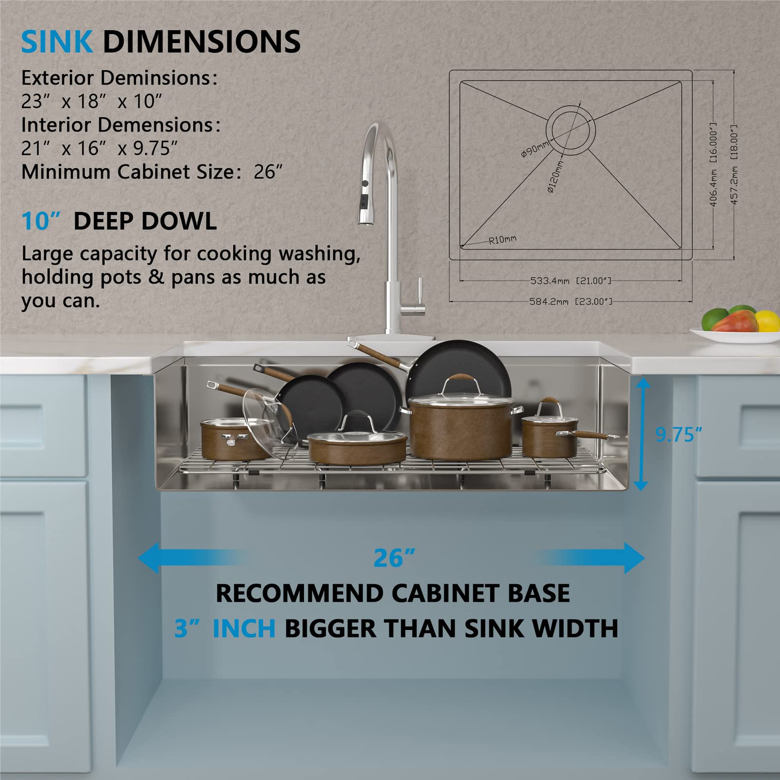 23 Bar Sink Undermount - Fulorni 23"x18" Undermount Bar Sink 16 Gauge Stainless Steel Kitchen Bar Prep RV Sink Single Bowl Basin