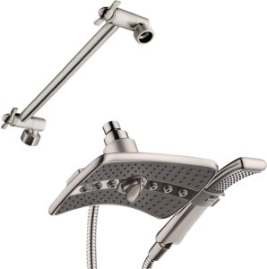 bright showers 10 inch shower arm extender with shower head combo with two spray setting fixed shower head and two spray settings handheld shower head with grey face, brushed nickel