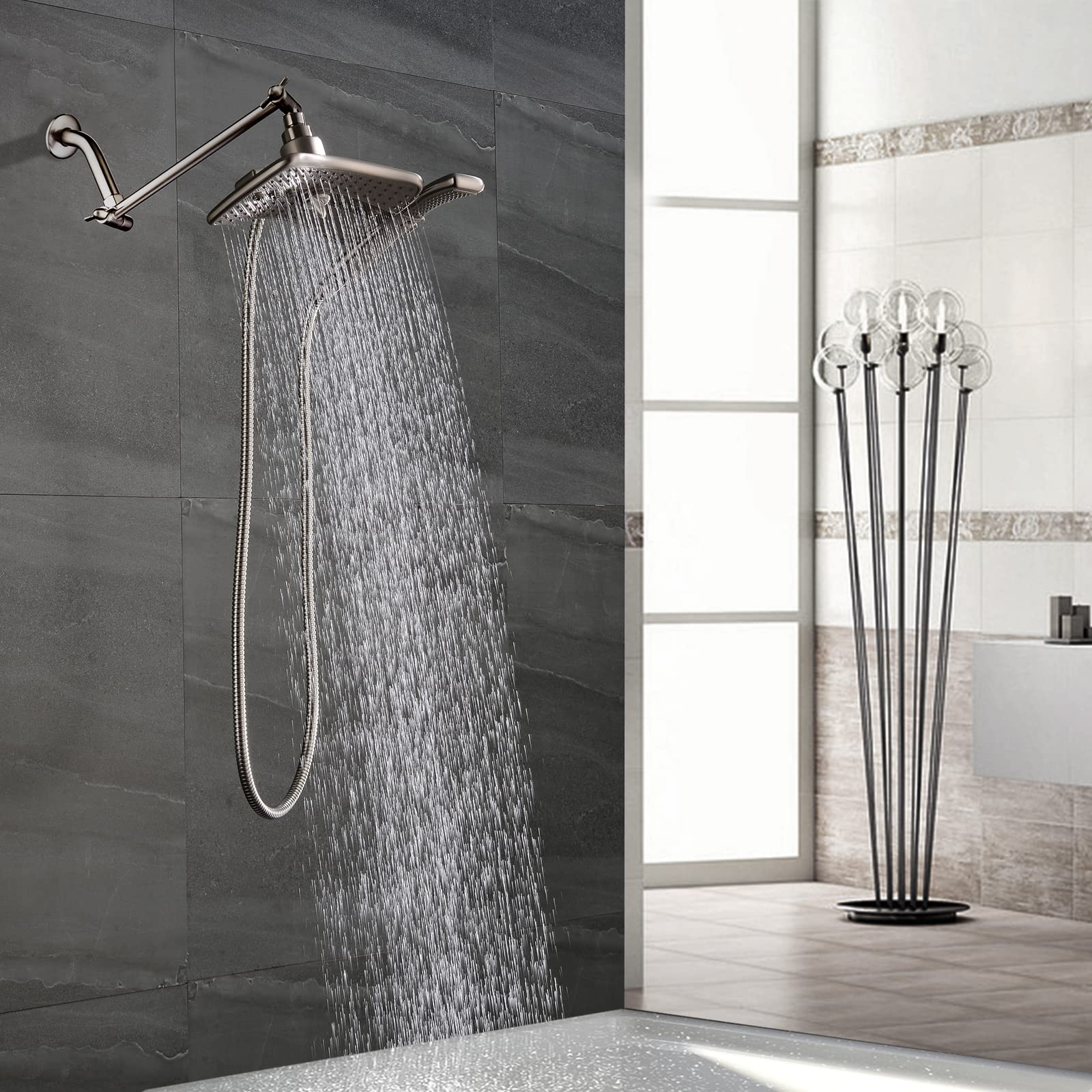 BRIGHT SHOWERS 10 Inch Shower Arm Extender with Shower Head Combo with Two Spray Setting Fixed Shower Head and Two Spray Settings Handheld Shower Head with Grey Face, Brushed Nickel