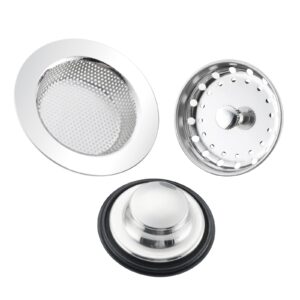 windaly 3 pack of kitchen sink strainer and stopper, sink disposal stopper and basker drain filter sieve, stainless steel and anti-clog, fits most standard 3-1/2 inch kitchen drains (l)