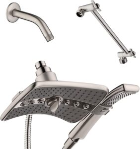 bright showers shower head combo with two spray settings fixed shower head and handheld shower head with grey face with 6 inch shower arm and 10 inch shower arm extender, brushed nickel