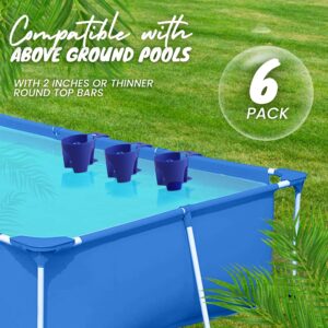 TonGass (6-Pack) Poolside Cup Holders (Blue) - Compatible with Above Ground Pools with 2 Inches or Thinner Round Top Bars - Strong and Durable Easy to Use Clip-On No-Spill Cup Holders