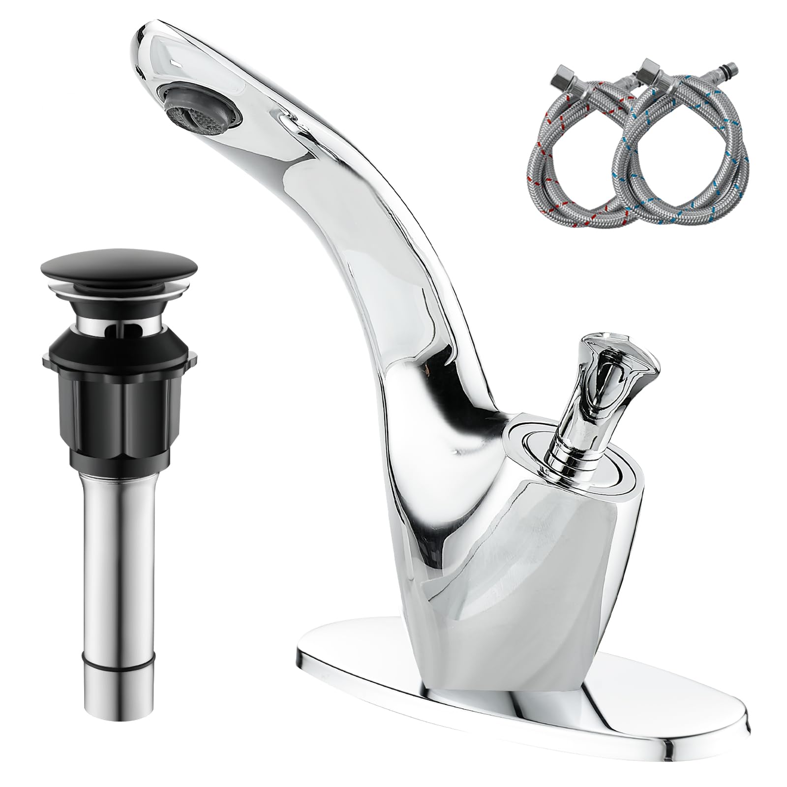 becola Bathroom Sink Faucet, Leaf Type Chrome Bathroom Faucet, Modern Single-Handle Faucet for Bathroom Sink with Two Supply Lines & Pop Up Drain & Deck Plate