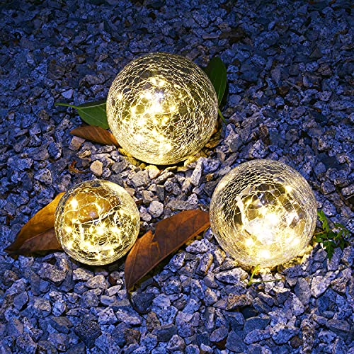 JIALINXIA Solar Lights Outdoor Garden Decor, 2 Pack Cracked Glass Ball Waterproof Warm White LED for Outside Decorations Pathway Patio Yard Lawn Gardening Gifts Accessories, 2 Globe (3.9")