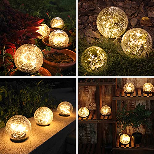 JIALINXIA Solar Lights Outdoor Garden Decor, 2 Pack Cracked Glass Ball Waterproof Warm White LED for Outside Decorations Pathway Patio Yard Lawn Gardening Gifts Accessories, 2 Globe (3.9")