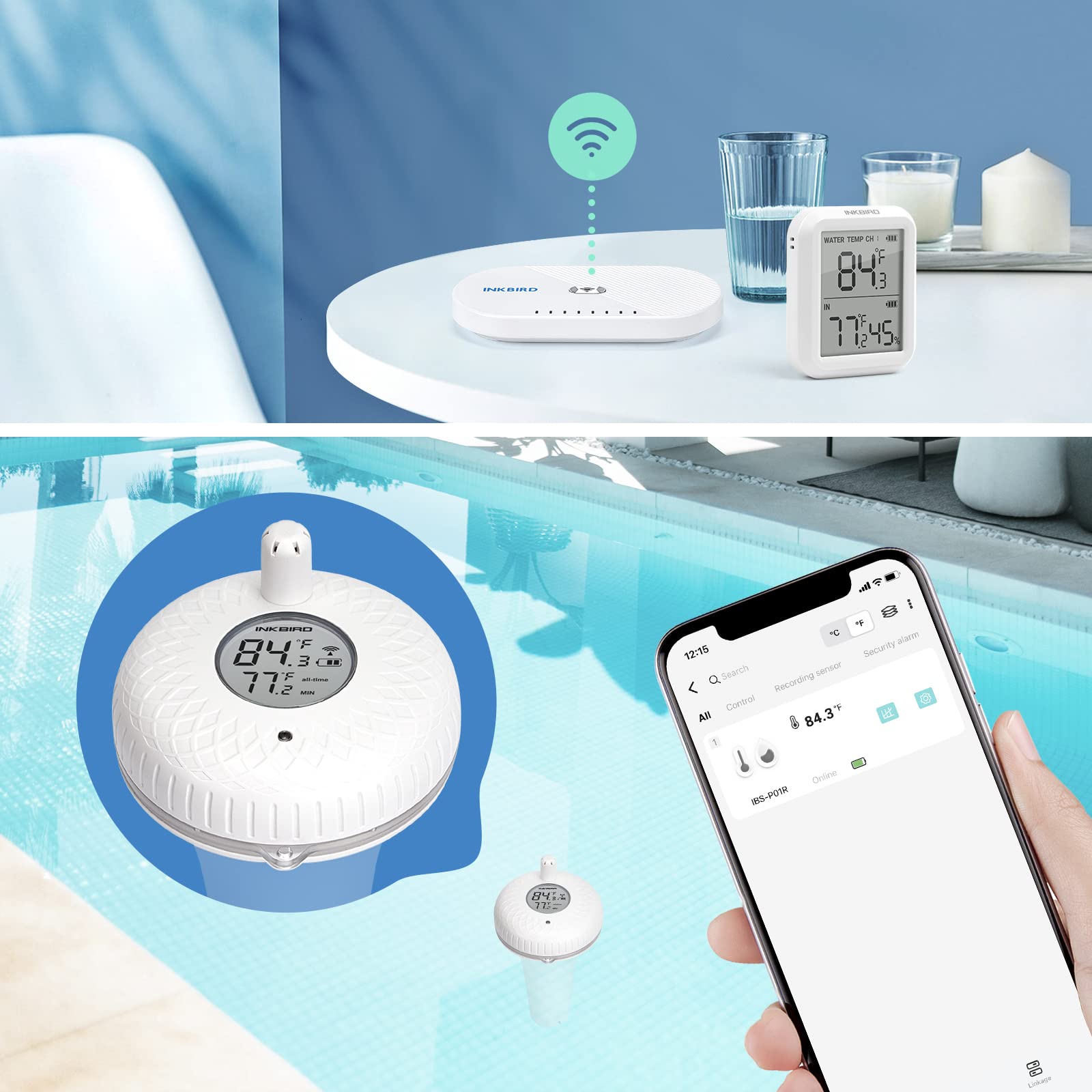 INKBIRD Wireless Pool Thermometer and WiFi Gateway Combo, with IBS-P01R Floating Thermometer for Swimming Pool, IBS-M1 WiFi Gateway Supports Wireless Thermometer Connection with Export Data